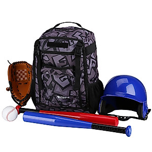 ZOEA Baseball Bat Bag Backpack, T-Ball & Softball Equipment & Gear for Youth, Large Capacity Holds 2 Bats, Helmet, Gloves, Cleats, Helmet Holder and Includes Fence Hook (Black)
