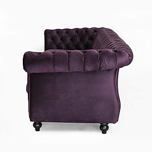 Great Deal Furniture GDFStudio Tufted Jewel Toned Velvet Sofa with Scroll Arms, BlackBerry