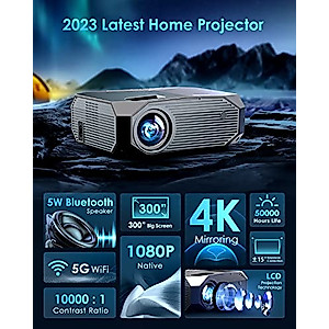 YOWHICK Native 1080P Projector with 5G WiFi and Bluetooth, 10000L Outdoor Portable Video Projector Support 4K, Home Theater Movie Projector Compatible with HDMI, USB, Laptop, Smart Phone, Black