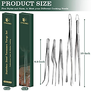 KTFNOMES 5 Pcs Kitchen Cooking Tweezers,12" & 6.3" Stainless Steel Kitchen tongs Set,Professional Food Tweezers for Cooking,Repairing,Seafood,BBQ,Multi-use