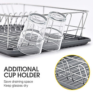 TOOLF Dish Rack, Large Capacity, Dish Drying Rack with Cutlery Holder, Removable Drip Tray, Cup Holder, Compact Kitchen Drainers for Countertop, Grey