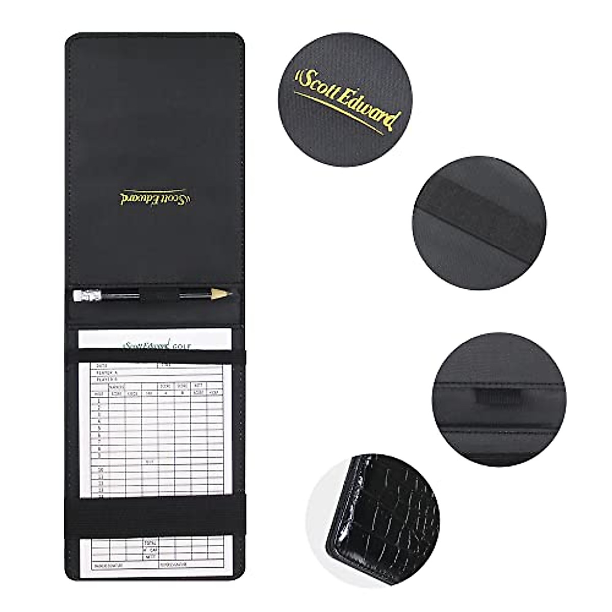 Scott Edward Golf Scorecard Cover Leather Scorecard Holder Statistic and Score Tracking Waterproof Soft Thick (Black Texture)
