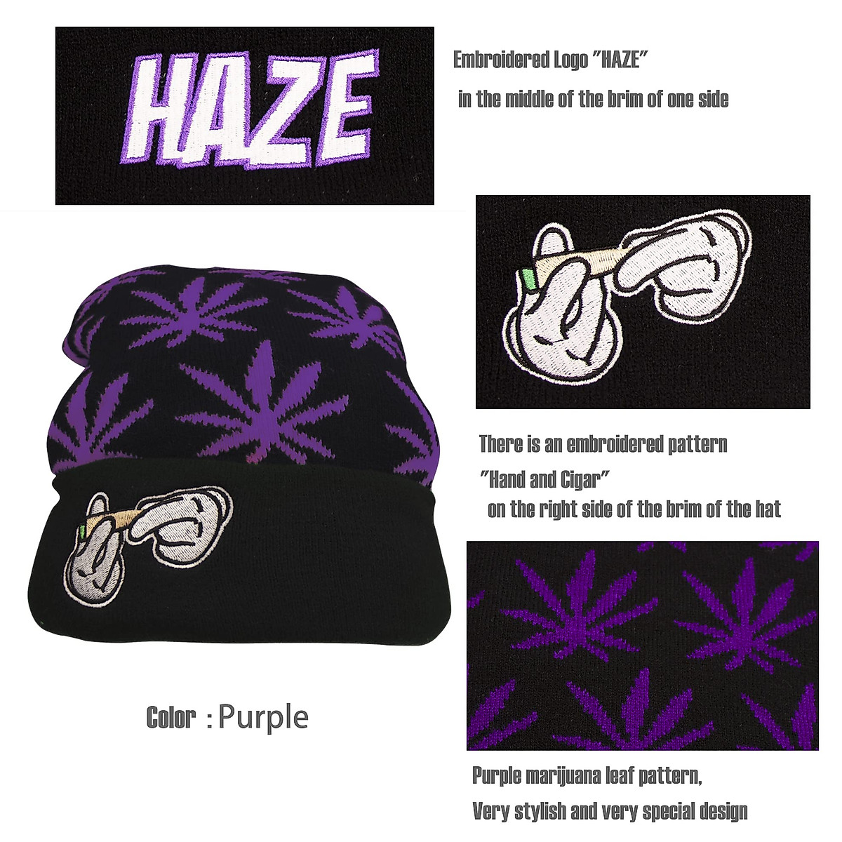Rolling-Hands Marijuana-Weed Embroidery Beanie-Hat Purple