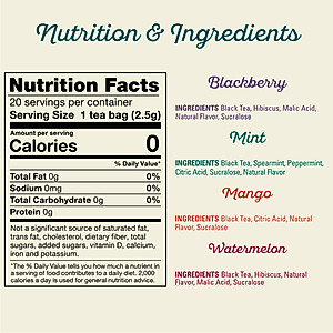 Southern Breeze Cold Brew Sweet Tea Variety Pack Iced Tea with Black Tea and Zero Carbs Zero Sugar, 20 Individually Wrapped Tea Bags, Pack of 4 Blackberry, Mango, Mint and Watermelon