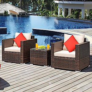 Tangkula 3 Pieces Patio Furniture Set, Outdoor Conversation Rattan Furniture Set w/Washable Cushion and Tempered Glass Tabletop, PE Rattan Wicker Sofa Set for Garden Poolside Balcony