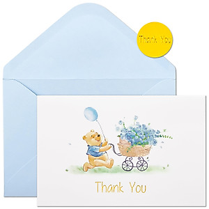 Crisky Baby Shower Blue Gold Foil Thank You Cards with Envelopes 50 Pack Greeting Notes Bulk (Cute Bear with Baby Carriage)