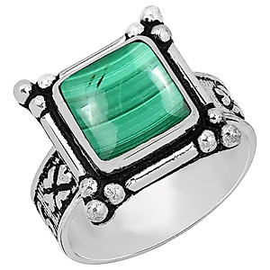 5, 82Cts Solitaire Natural Malachite 925 Silver Overlay Ring Size 9 For Women, Handmade Green Stone April Birthstone Ring Jewelry Gift For Her