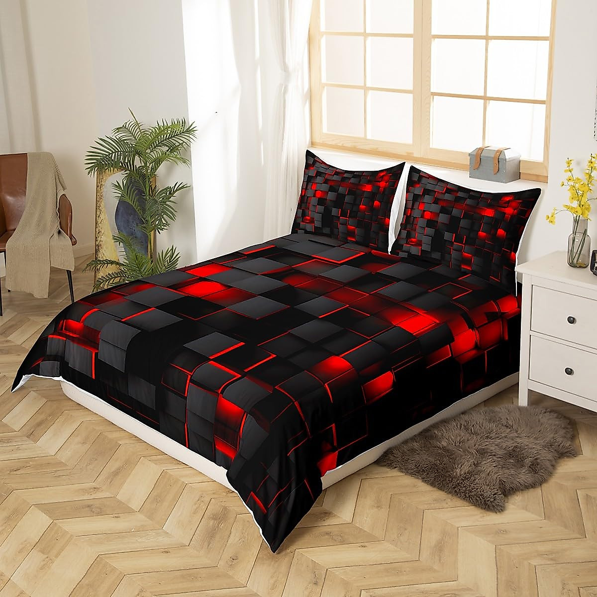 Feelyou Red and Black Bedding Duvet Cover Set Twin Size Light Geometric Bedding Set for Kids Boys Girls Geometry Decor Comforter Cover Set Modern Bedspread Cover