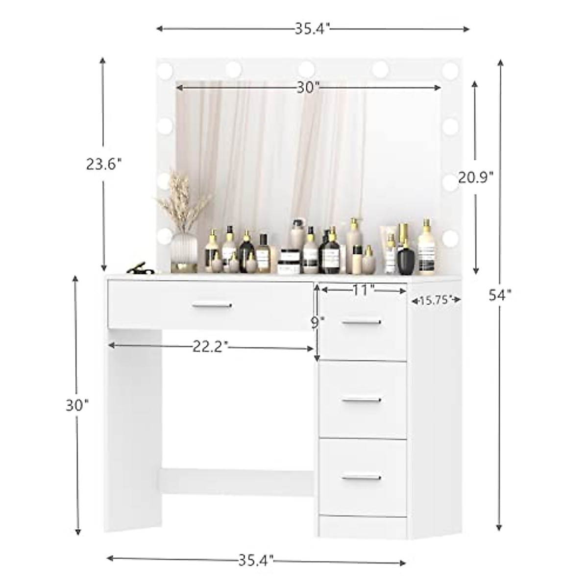Irontar Makeup Vanity Table, Makeup Table with Large Mirror and 11 LED Lights, Brightness Adjustable, Dressing Table Desk with 4 Drawers, Bedroom Vanity Desk for Girls, Women, White WDT002W