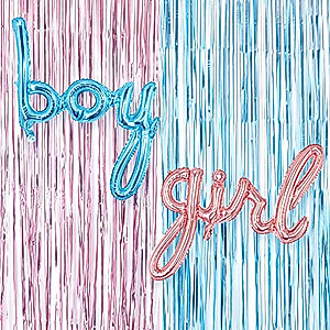 Gender Reveal Decoration Set - Metallic Fringe Curtains + BOY Girl Foil Balloons Gender Reveals Party Photo Backdrop (Pink/Blue)