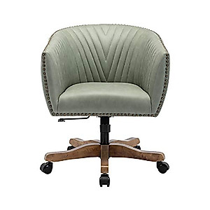 Guyou Barrel Home Office Desk Chair with Wood Base, Upholstered Ergonomic Accent Arm Chair with Luxurious Nailheads and Pleated Mid-Back for Home Studio Bedroom Vanity, Green in Faux Leather