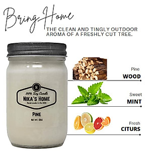Nika's Home Pine Soy Candle 12oz Mason Jar Non-Toxic White Soy Candle-Hand Poured Candle- Handmade, Long Burning 50-60 Hours Highly Scented All Natural, Clean Burning Large Candle Gift Décor