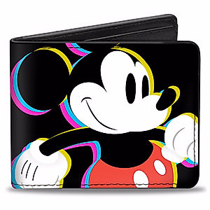 Buckle-Down Men's Disney Wallet, Bifold, CMYK Mickey Mouse Walking Pose Pixel Text Black Multi Neon, Vegan Leather, Multicolor, Standard Size
