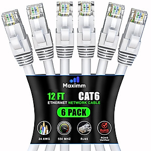 Maximm Cat 6 Ethernet Cable 12 ft (6-Pack) - High-Speed LAN Cable, Internet Cable, Patch Cable, and Network Cable - UTP, 10Gbps, 550MHz Ethernet Cord - White
