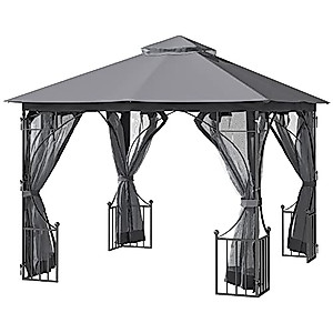 Outsunny 10' x 10' Patio Gazebo, Double Roof Outdoor Gazebo Canopy Shelter with Netting, Steel Corner Frame for Garden, Lawn, Backyard and Deck, Dark Gray