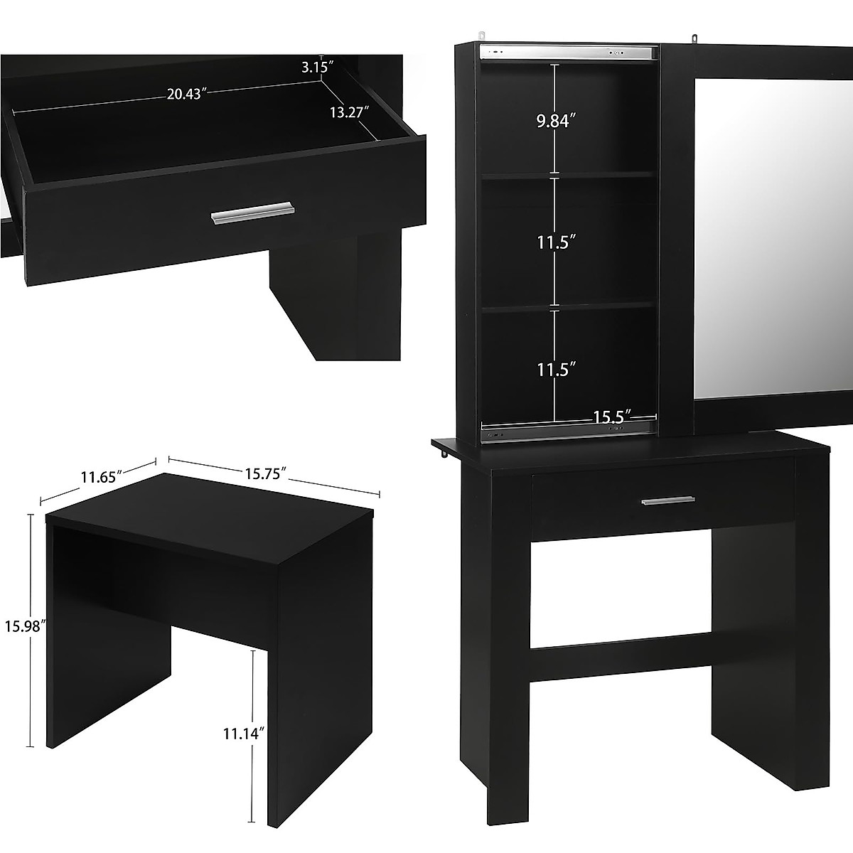 PHPMFTOS Makeup Vanity Desk with Mirror and Stool Bedroom Dressing Table with Storage Shelves Drawer Vanity Set for Women (Black)