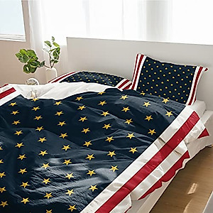 3 Pieces Twin Bedding Duvet Cover Sets,4th of July Gold Star on Navy Blue Ultra Soft Bed Set with 2 Pillow Shams for Bedroom Patriotic Red White Stripe,Luxury Washed Quilt Covers for All Season