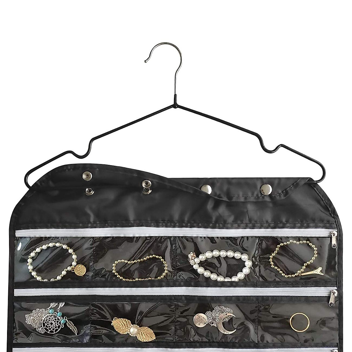 BB Brotrade Hanging Jewelry Organizer with Oxford Double Side 80 Zippered Storage Pocket (black)