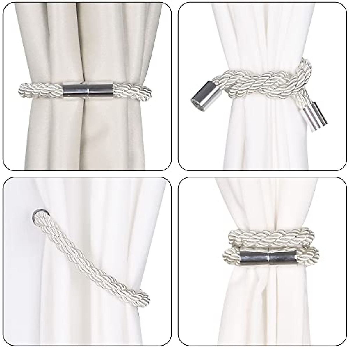 Groleca 2 Pack Strong Magnetic Curtain Tiebacks Curtain Holdbacks Curtain Ties Curtain Tie Backs with Thicker Twist Rope & Upgrade Strong Magnetic Tiebacks for Curtains (Creamy-white, 2)