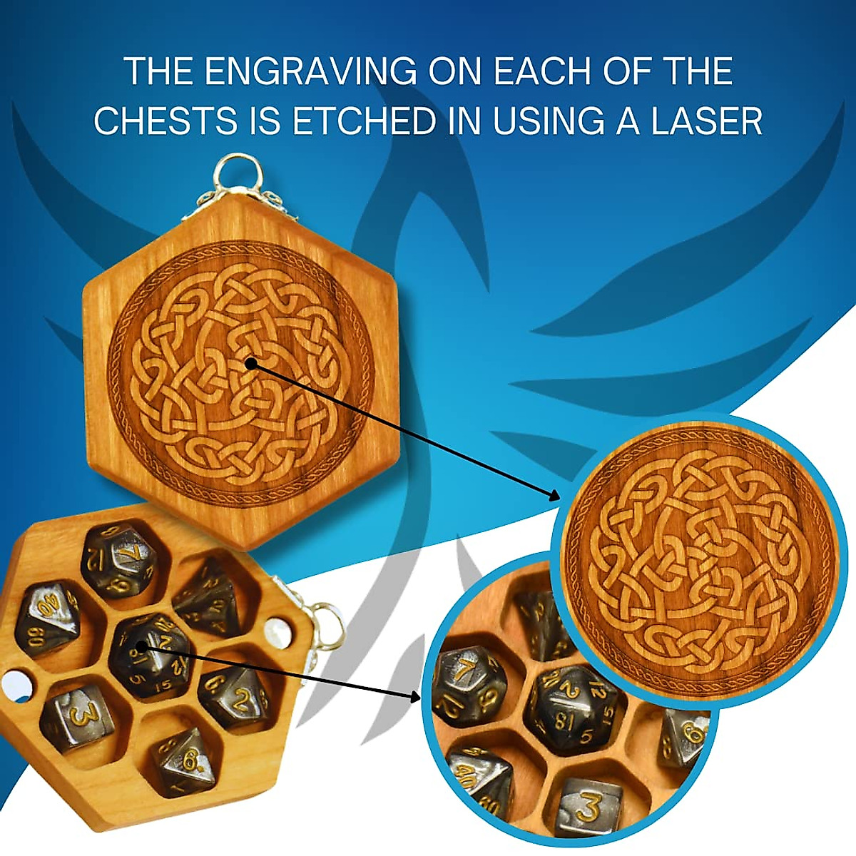 Elderwood Academy Pocket Sized Hex Dice Wood Chest with Magnetic Lid - Perfect for DnD, Magic the Gathering Dice Counters and Any Other Tabletop Games (Mini-Cherry/Celtic)