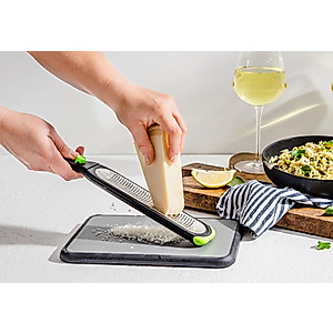 Dreamfarm Ozest Self-Cleaning POP-Button Zester for Fine, Fluffy Citrus Zest, Cheese, Nut, & Spices with Non-Slip Silicone Foot - 1mm Zester, Black/Green