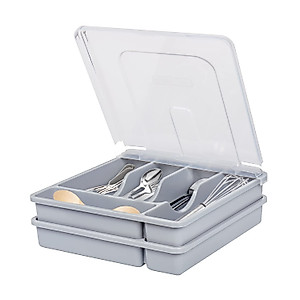 QINOL Silverware Holder with Lid, Double Layer Utensil Tray with Cover Large Flatware Organizer Plastic Cutlery Container for Kitchen Drawer Countertop 10 Compartments, Grey