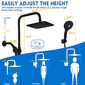 Ryamen Dual Shower Head Combo, Black 8'' High Pressure Rain/Rainfall Shower Head,5 Settings Adjustable Handheld Showers,with 15" Height Adjustable Slide Bar,Holder/59’‘ Hose