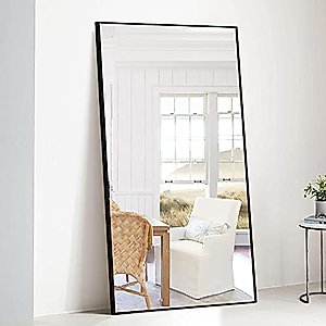 KIAYACI Oversized Full Length Mirror Floor Wall Mirror Leaning Large Wall Mounted Mirror Horizontal/Vertical Bedroom Mirror Dressing Mirror Aluminum Alloy Thin Frame (Black, 51"x32")