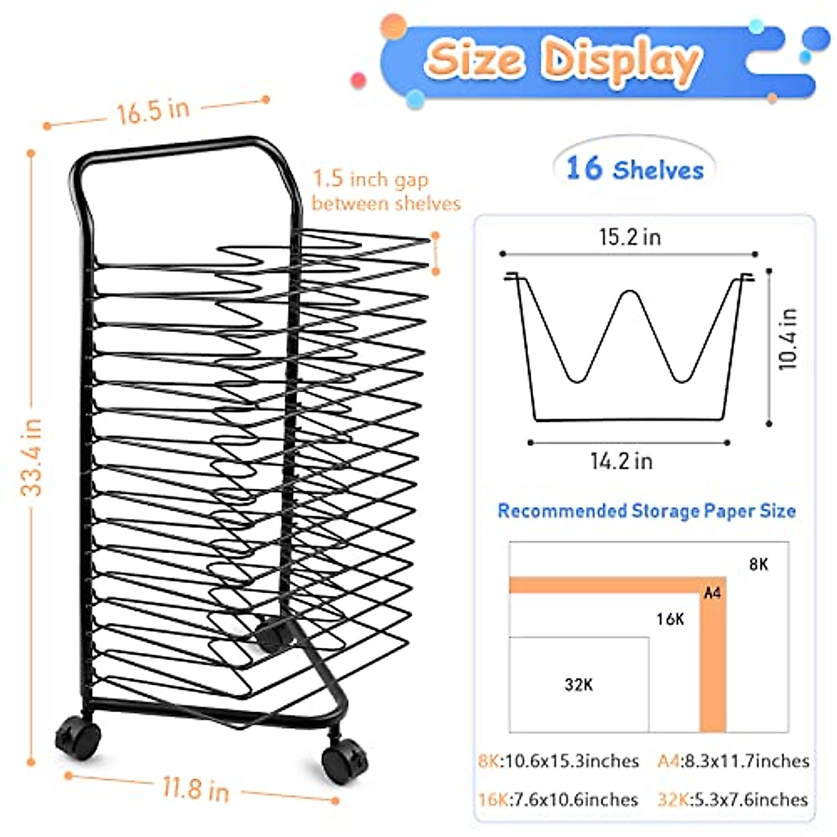 Lzttyee Art Drying Rack for Classroom Paint Drying Rack Art 16 Shelves Metal Artwork Storage Display Rack Art Drying Rack with Wheels for Classroom Painting Crafts (16 Shelves)