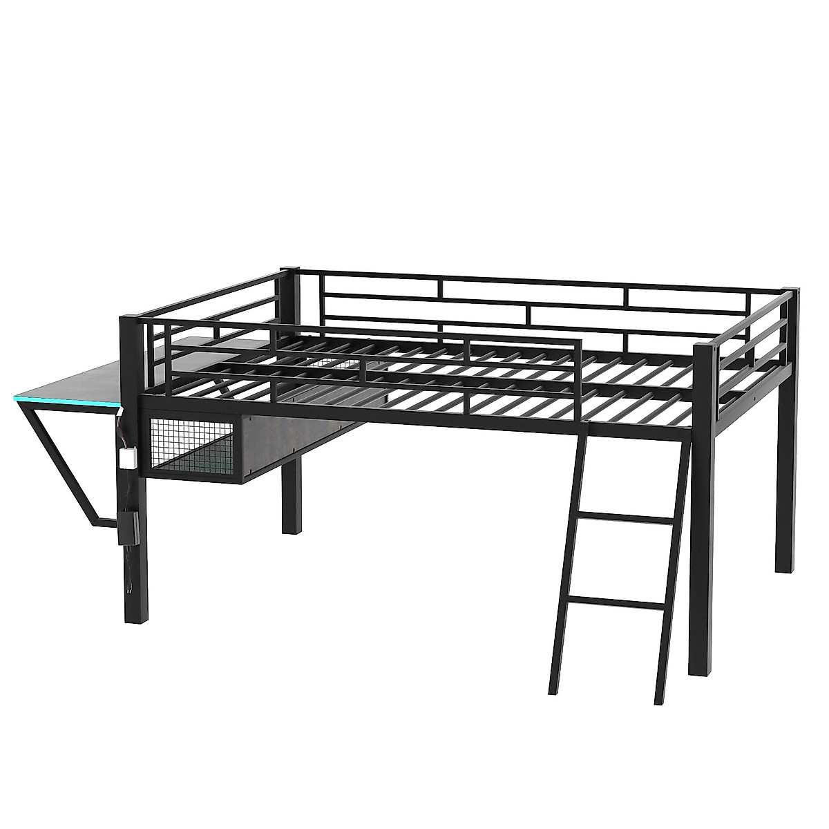 Bellemave Full Loft Bed with Desk, Gaming mid loft Bed with Desk, LED, Low loft Bed for Adults, Teens, Kids, Full loft Bed with Storage Space, Black