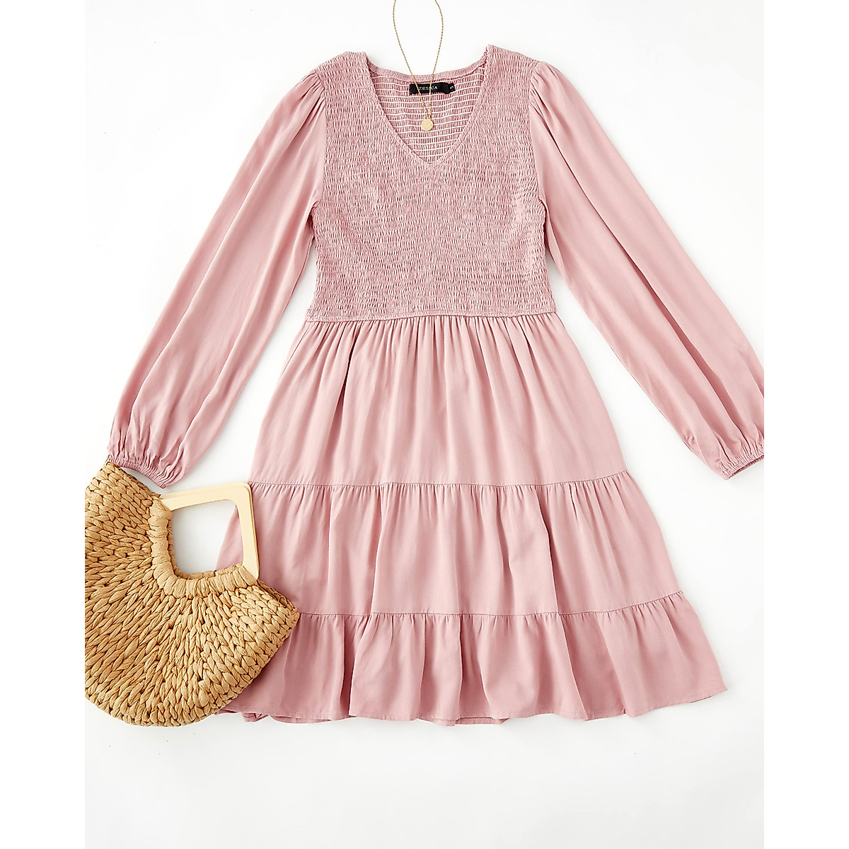 ZESICA Women's Casual V Neck Long Sleeve Smocked High Waist Ruffle A Line Tiered Mini Dress,DarkPink,Medium