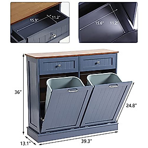 KIGOTY Dual Kitchen Trash Cabinet, Double Tilt Out Trash Can Cabinet with Countertop and Drawer, Free-Standing Pet Proof Recycling Cabinet Garbage Can Holder (Blue)
