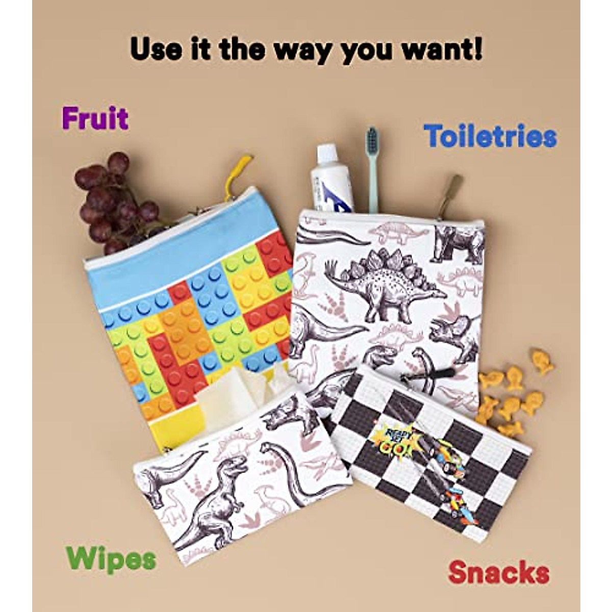 Wolla Reusable Snack Bags for Kids - 100% Cotton Reusable Sandwich Bags Dishwasher Safe - Snack Bag for Kids School - Reusable Sandwich Bags for Kids - BPA-Free Food-Safe Waterproof (Brick Building + Dinosaur)