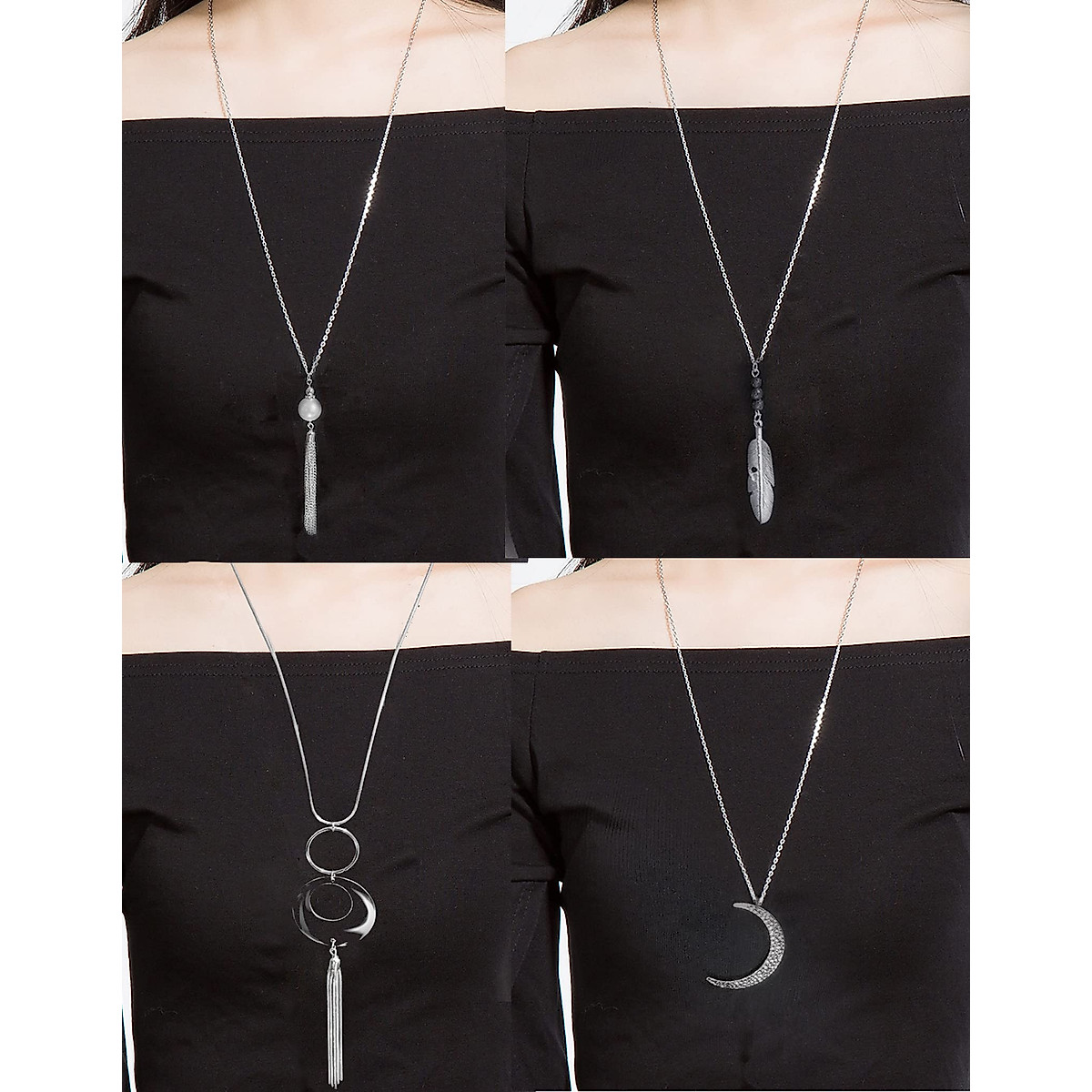 Ofeiyaa 10Pcs Long Pendant Necklace Simple Moon Bar Three Triangle Tassel Lock Sweater Y Shape Punk Chain Choker Necklace for Women Men Gold Silver Tone (E:10Pcs (Lock))