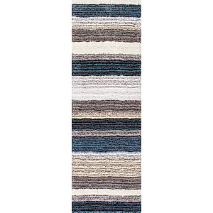nuLOOM Drey Striped Shag Area Rug - 2x6 Runner Shag Rug Casual Blue Multi/Brown Rugs for Living Room Bedroom Dining Room Nursery Entryway Hallway
