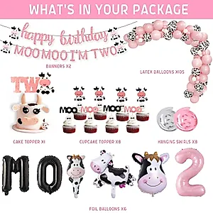 134 PCs Moo Moo I’m Two Birthday Decorations, Fiesec Cow 2nd Birthday Party Supplies for Girls Hanging Swirl Balloon Garland Arch Glitter Banner Cake Cupcake Topper Cow Print Pink White Black