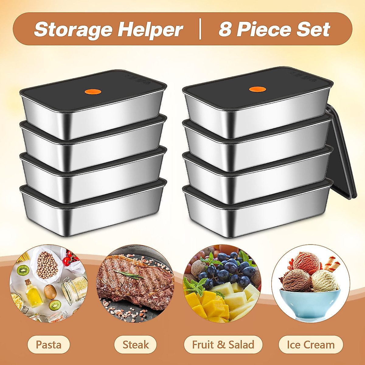 Blushtier 8 Set 67oz Stainless Steel Food Storage Containers Reusable Metal Meat Marinating Container with Lids Fruit Lunch Storage Box for Leftovers,dishwasher and Freezer Safe 2000ml