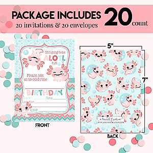 Amanda Creation Axolotl Birthday Party Invitations, 20 5x7 Fill-In Cards with Twenty White Envelopes