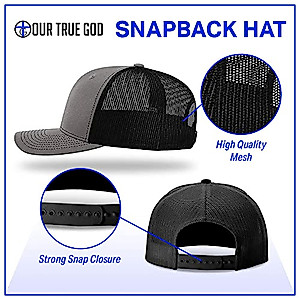 Our True God Faith Over Fear Leather Patch Back Mesh Hat Christian Motivational Baseball Cap (Charcoal Front/Black Mesh), Medium-Large