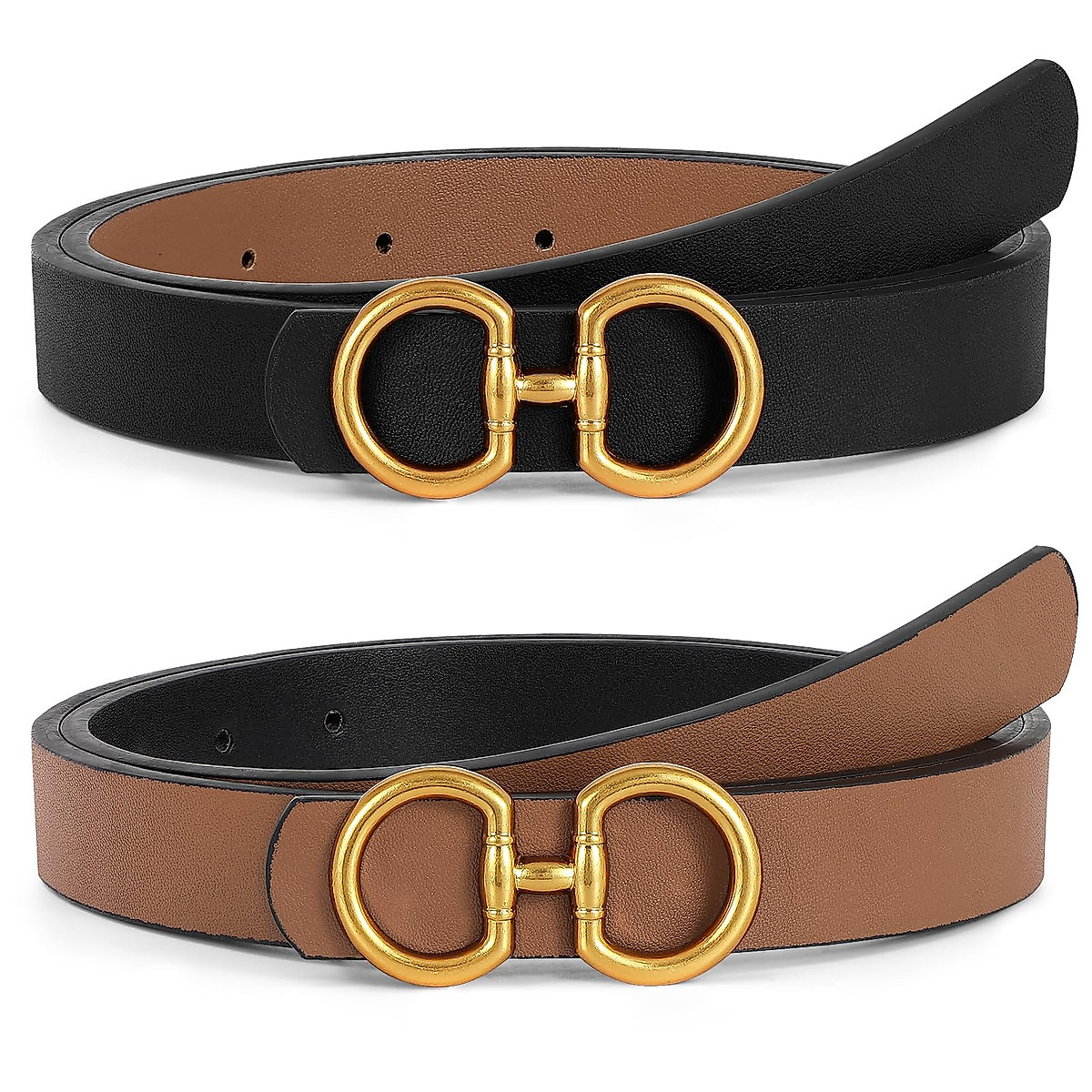 TRIWORKS Women Reversible Leather Belt for Jeans Pants Fashion Ladies Belt with Gold Buckle, A-Black+Brown, Suit for Waist 26"-32"