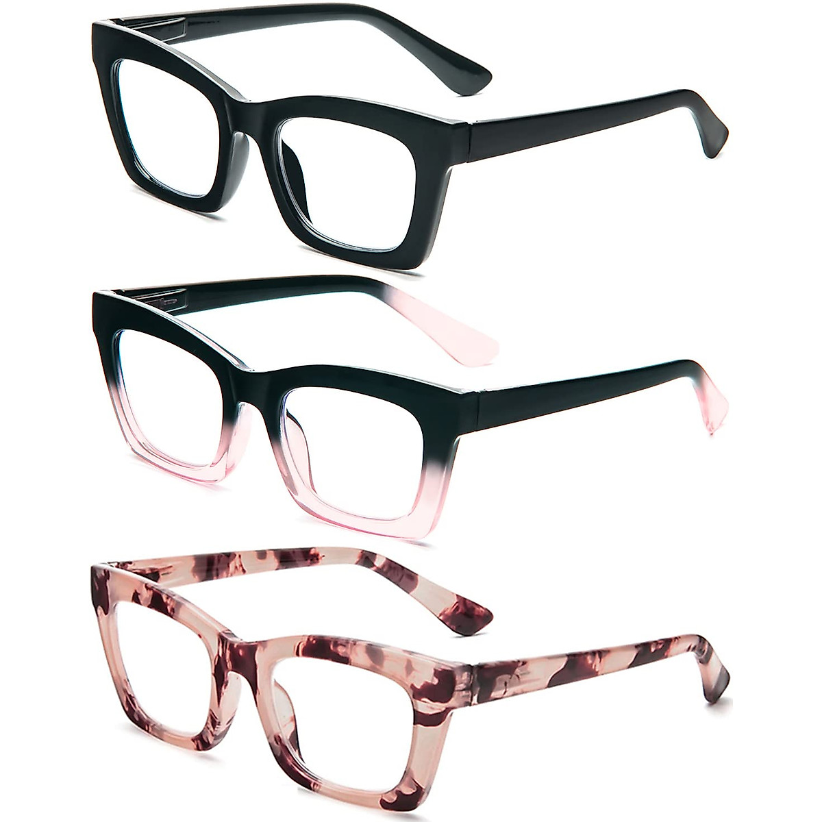 REAVEE 3 Pack Oprah Style Reading Glasses Blue Light Blocking Computer Square Retro Readers for Women with Spring Hinge 2.0