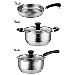 Chandler Cooking Set Stainless Steel Available in Small, and Large Size include Saucepans Cooking Pots Pan Deep Pan with Tempered Glass Lid Commercial Grade Base 4 Layers (Stainless Steel 7 Pieces)