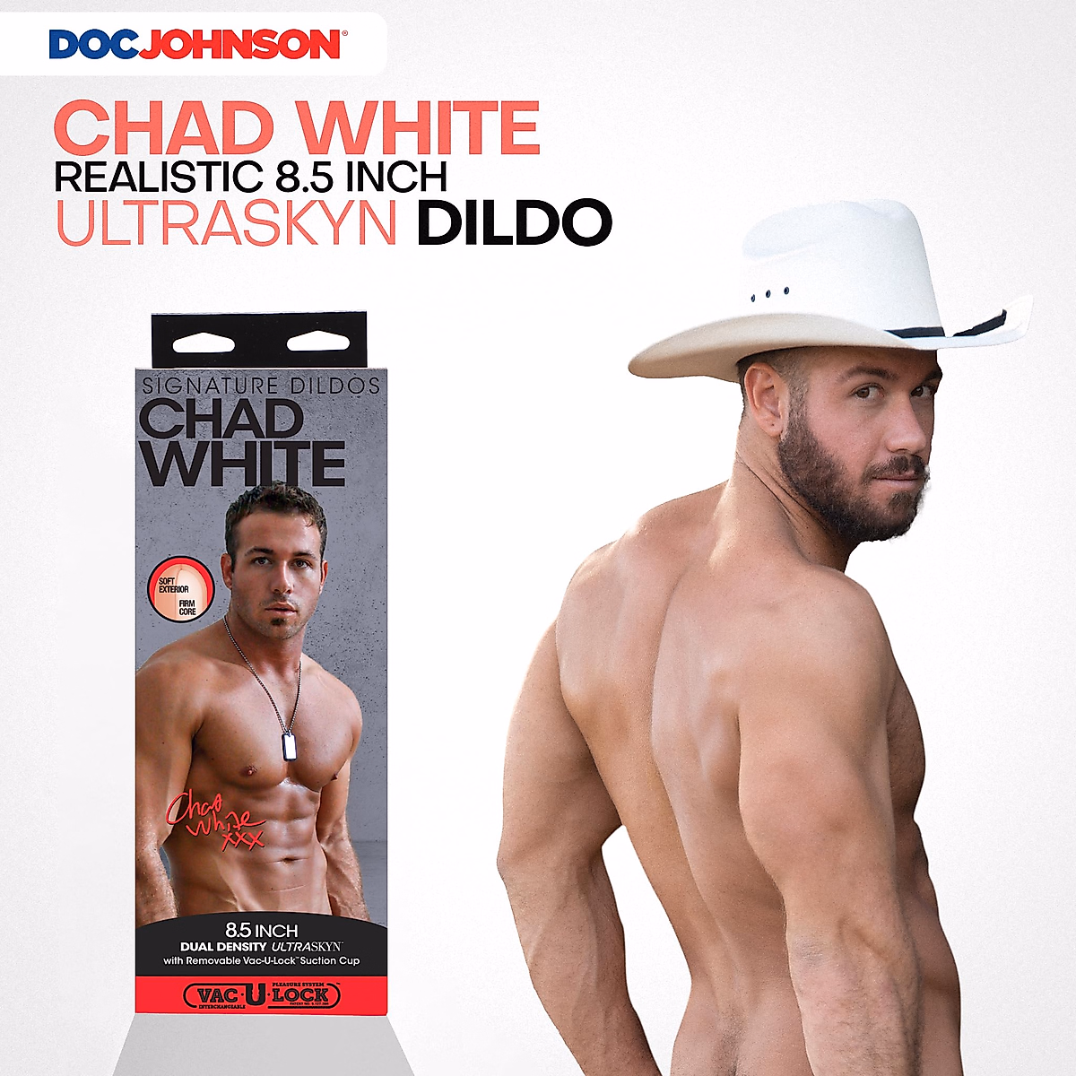 Doc Johnson Signature Series - Chad White - 8.5 Inch Realistic ULTRASKYN Dildo with Removable Vac-U-Lock Suction Cup - F-Machine & Harness Compatible, for Adults Only, Vanilla