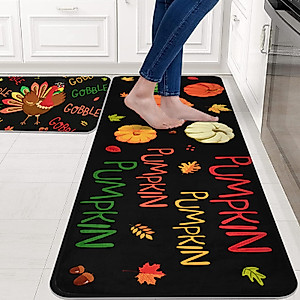 ASPMIZ Thanksgiving Fall Kitchen Mats Set of 2, Fall Pumpkin Kitchen Mats for Floor, Washable Turkey Kitchen Runner Rug with Non Slip Rubber Backing, Fall Rugs Indoor Decor, 18'' x 30'' + 18'' x 48''
