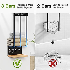 Wall Towel Rack for Rolled Towels, POKIPO 3 Bar Bathroom Towel Storage with Wooden Pallet, Towel Holder for Small Bathroom Wall Mounted, Towel Shelf Organizer for Washcloths, Large Towels, Blanket
