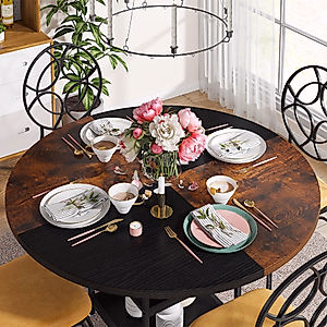 Tribesigns 47 inch Round Dining Table for 4, Wood Kitchen Table Large Dinner Table with Storage Shelf Metal Legs for Home Dining Room Living Room, Black Rustic Brown(Only Table)