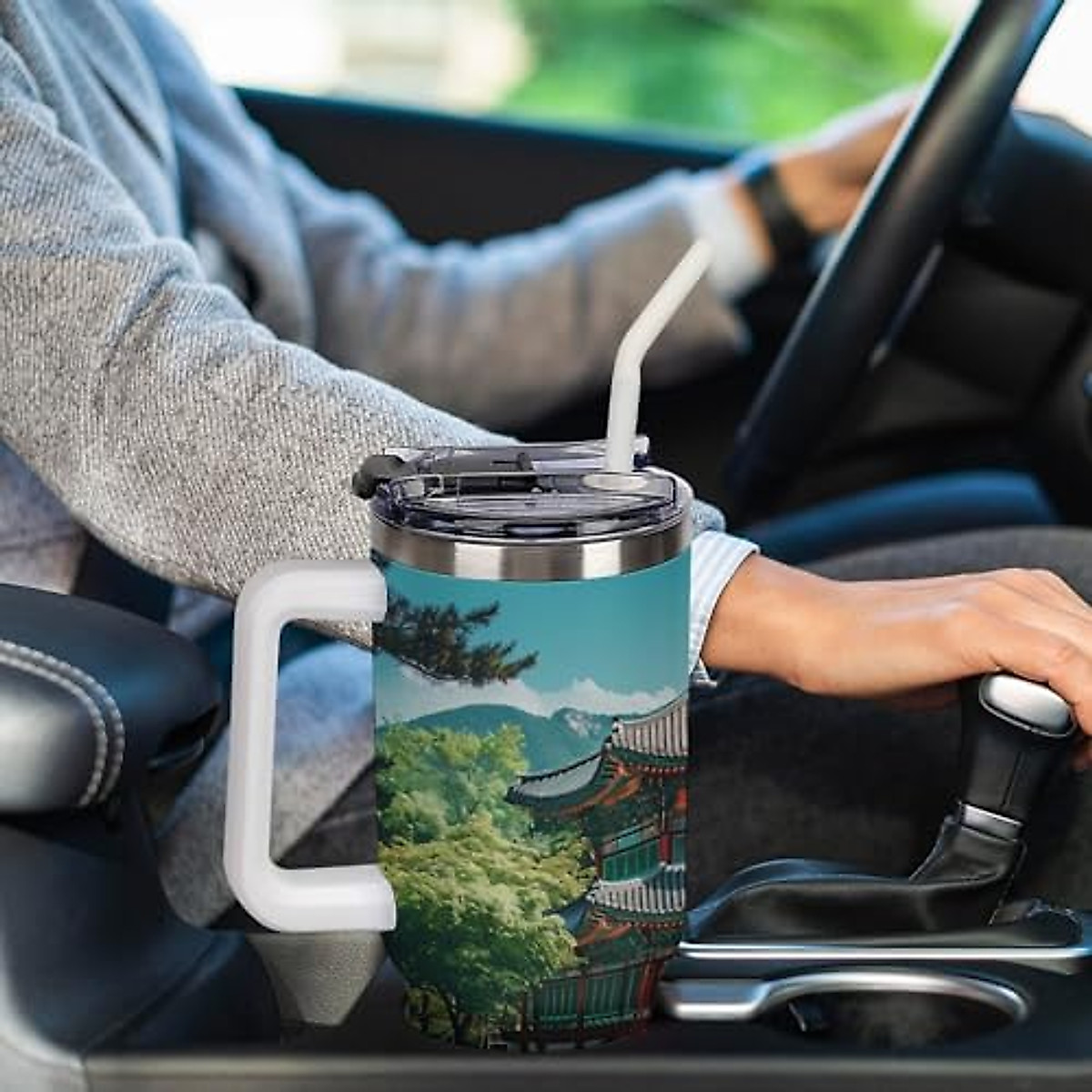 Korean Architecture Palace of Koreas Insulated Tumbler with Handle Stainless Steel Travel Coffee Mug with Lid And Straw 40oz