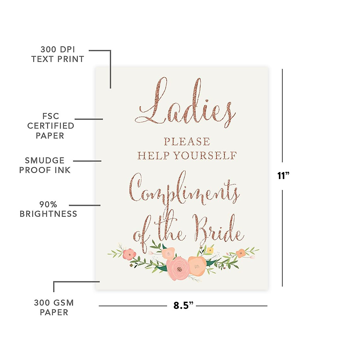 Andaz Press Wedding Party Signs, Faux Rose Gold Glitter with Florals, 8.5x11-inch, Ladies Gentlemen Bathroom Basket Compliment of Bride Groom, 2-Pack, Colored Decorations