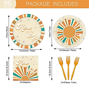 96 Pieces Here Comes The Son Tableware Set for Baby Shower Table Decorations Retro Sunshine Daisy Dessert Plates Napkins Forks for 24 Guests Boy Boho Sun Baby Shower Party Supplies