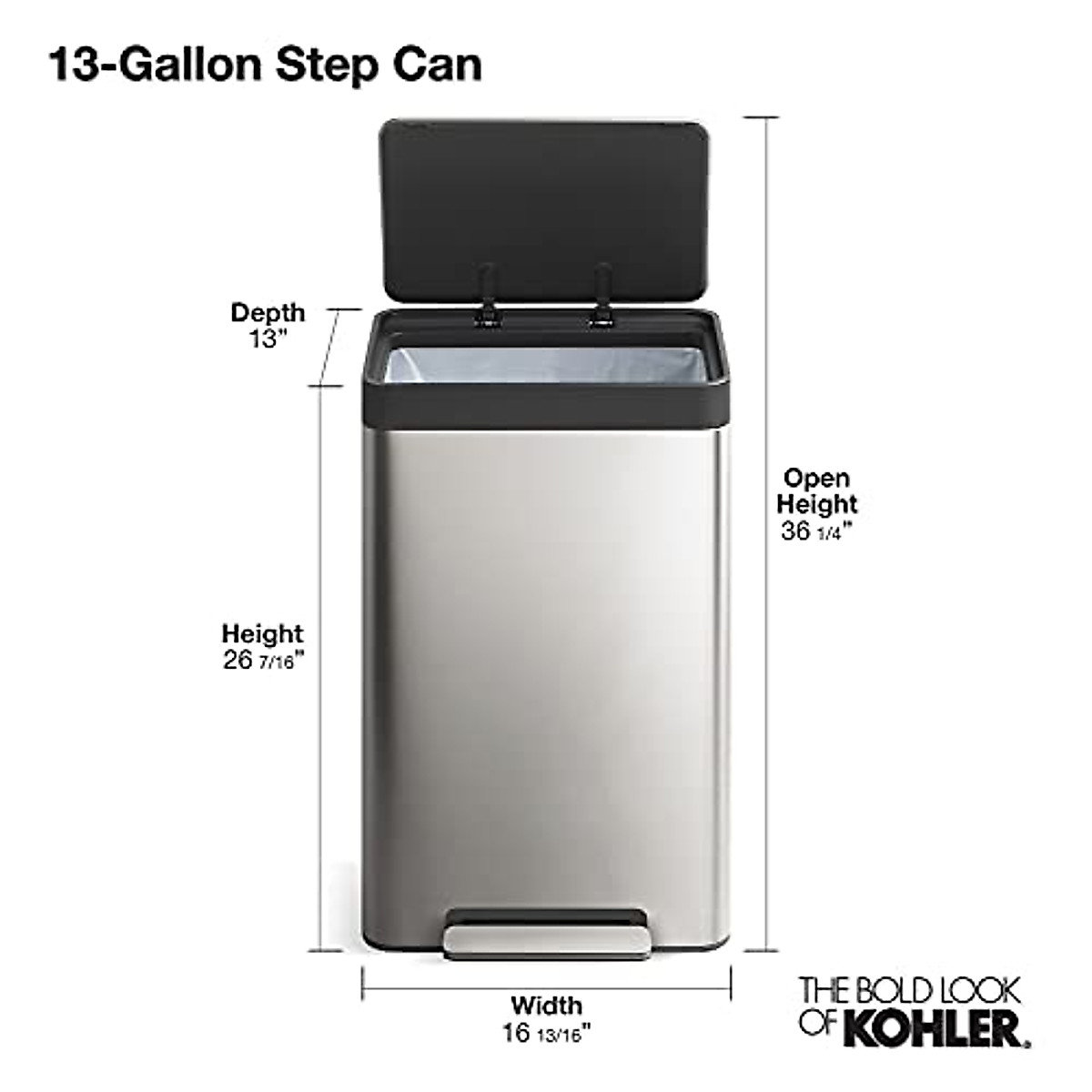 Kohler 13 Gallon Hands-Free Kitchen Step, Trash Can with Foot Pedal, Quiet-Close Lid, Stainless Steel